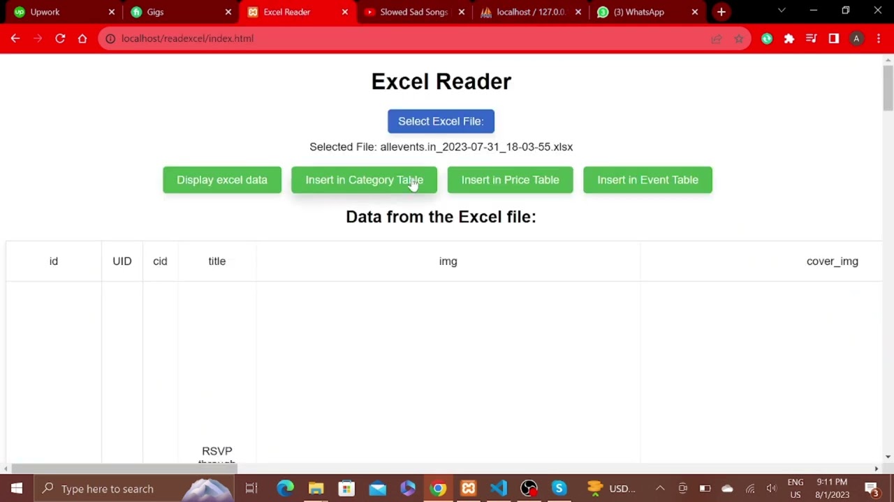 Excel Reader project | Read data from excel file and insert in database by one click |PHP | JS