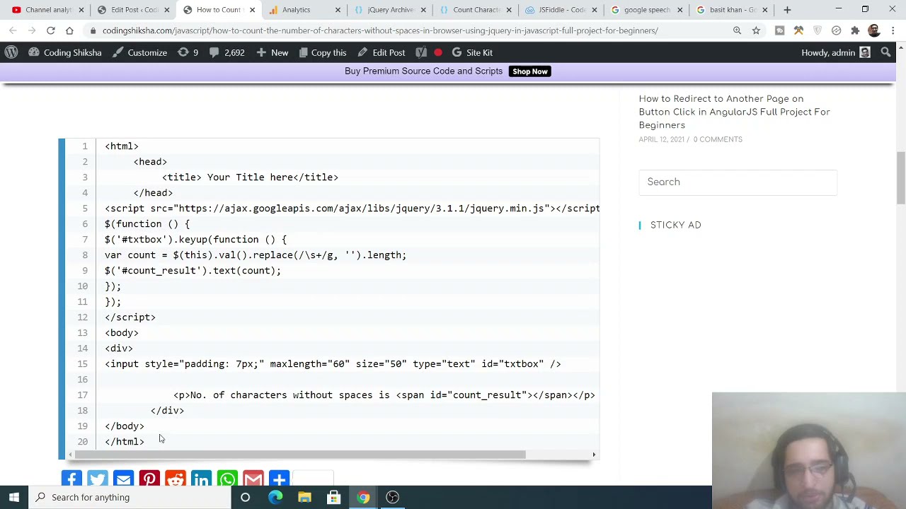 How to Count the Number of Characters Without Spaces in Browser Using jQuery in Javascript Project
