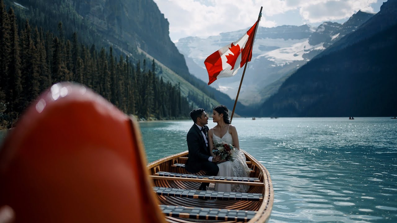 Outdoor wedding at the Fairmont Chateau Lake Louise   Castaño Wedding Films