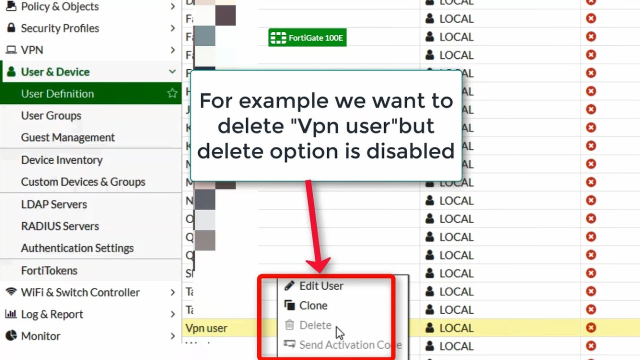 How to delete remote user from Fortigate user & definition.
