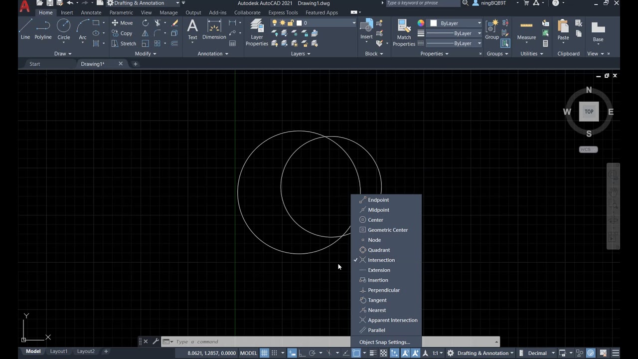 AutoCAD 2021 Tutorial: Dynamic Input and Object Snap: (VII) Intersection object snap tool