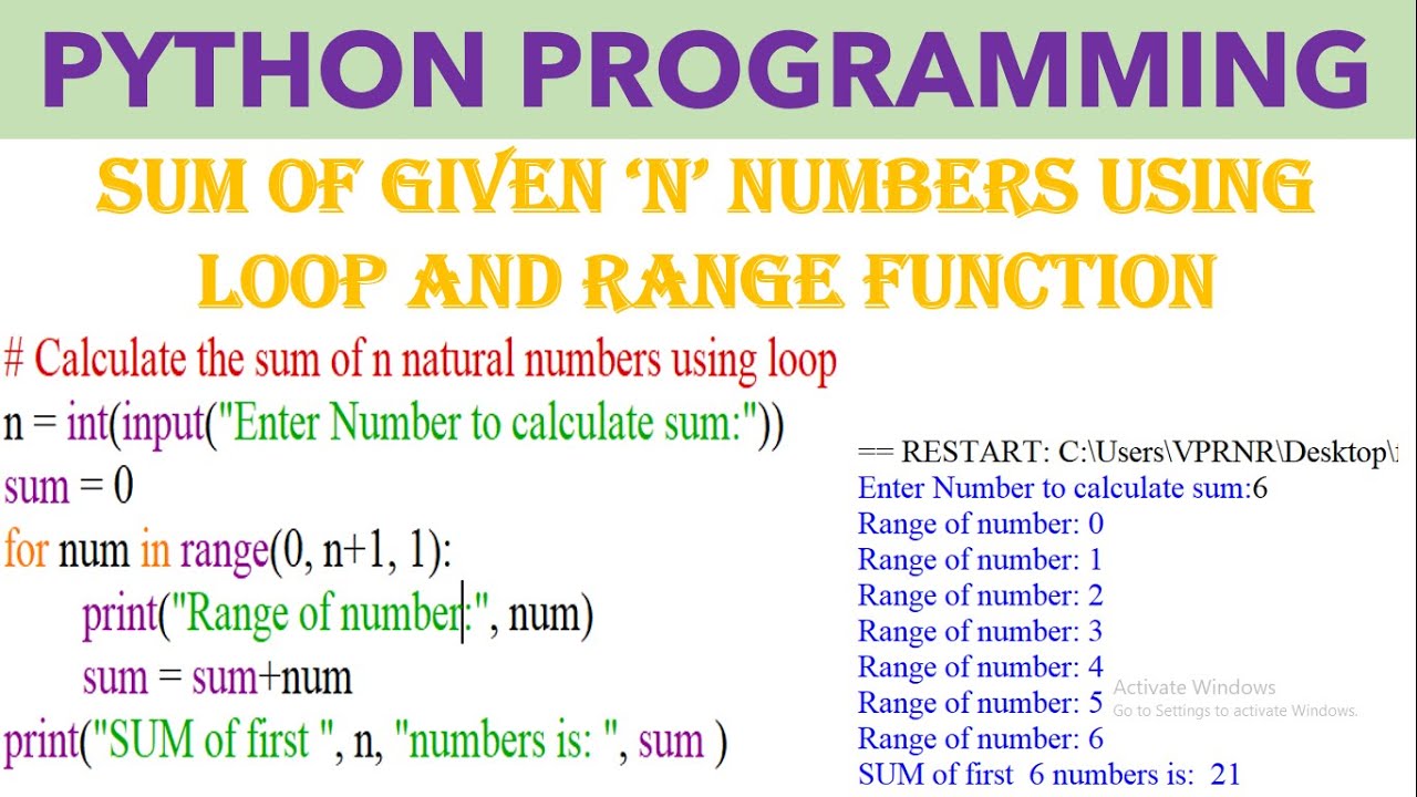 Python Program#Sum of given 'n' numbers using for loop & range function