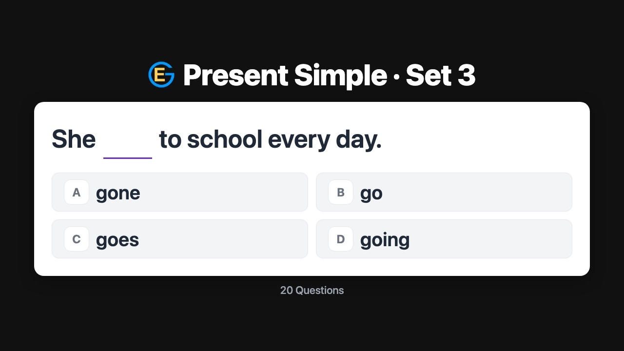 Present Simple Exercise Set 3 : Third Person -s — 20 Questions with Answers