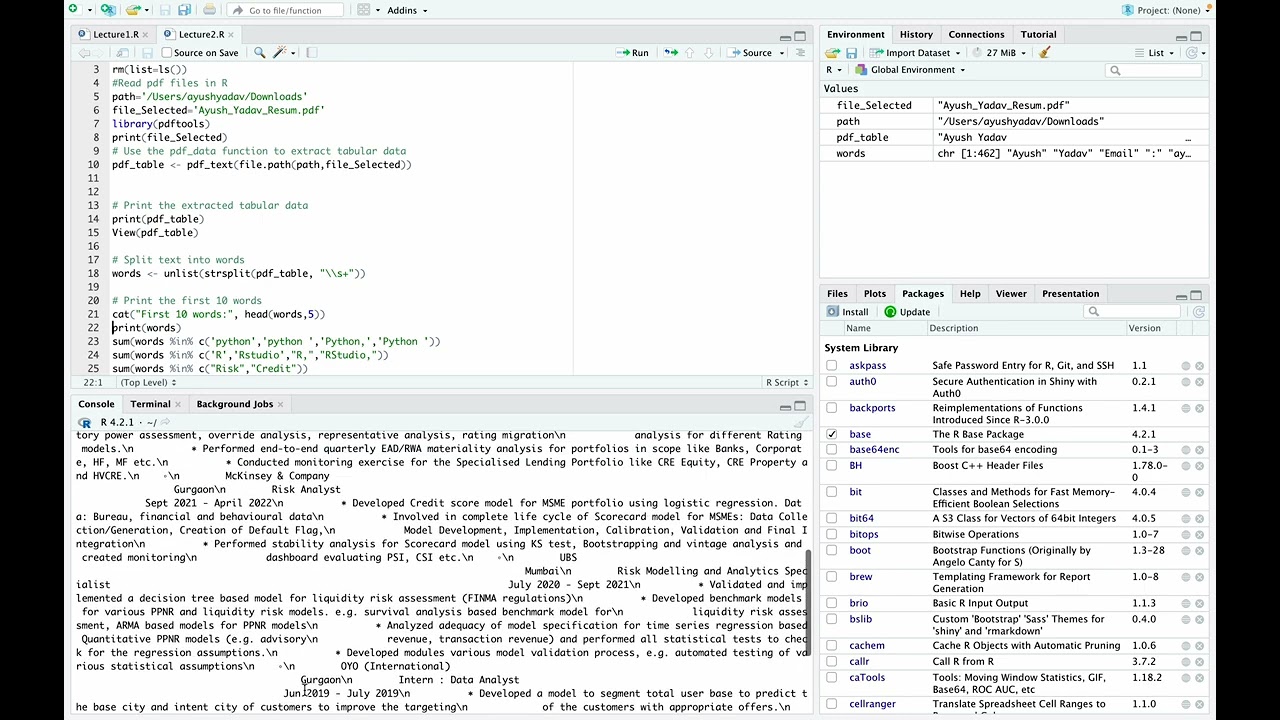 Reading pdf files and Extracting Candidate Experience from Resumes using R