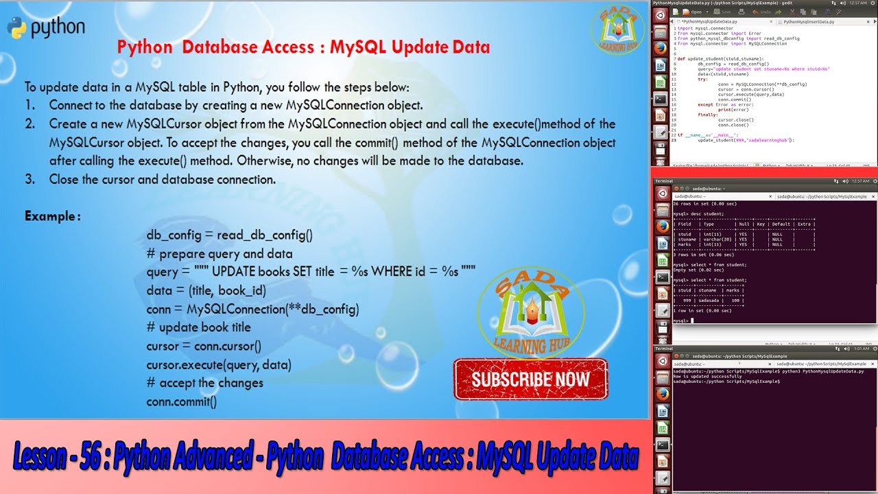 Lesson - 56 : Python Advanced - Python  Database Access : MySQL Update Data