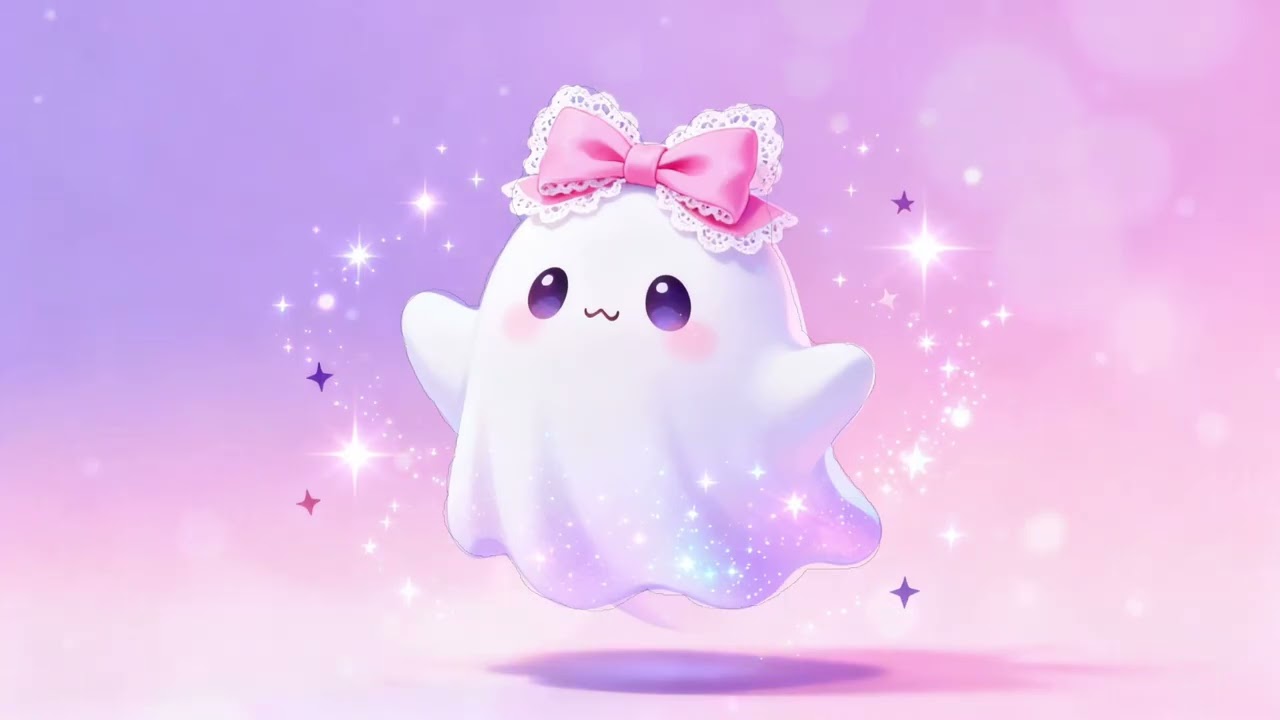 Kawaii coquette aesthetic ghost wearing a pink bow ♡ spooky cute halloween wallpaper loop