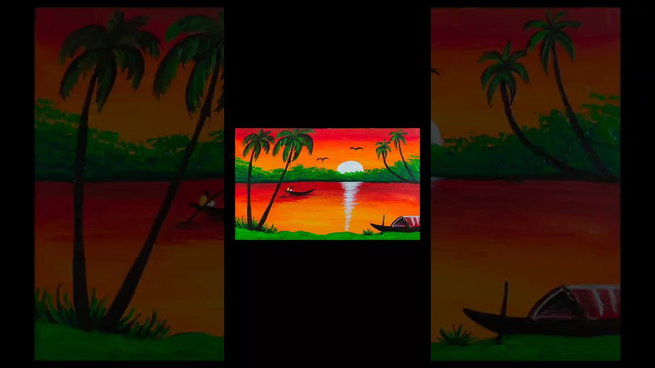 Easy Natural Riverside Sunset Scenery #shorts #youtubeshorts #riverside #sunset #drawing #art #viral