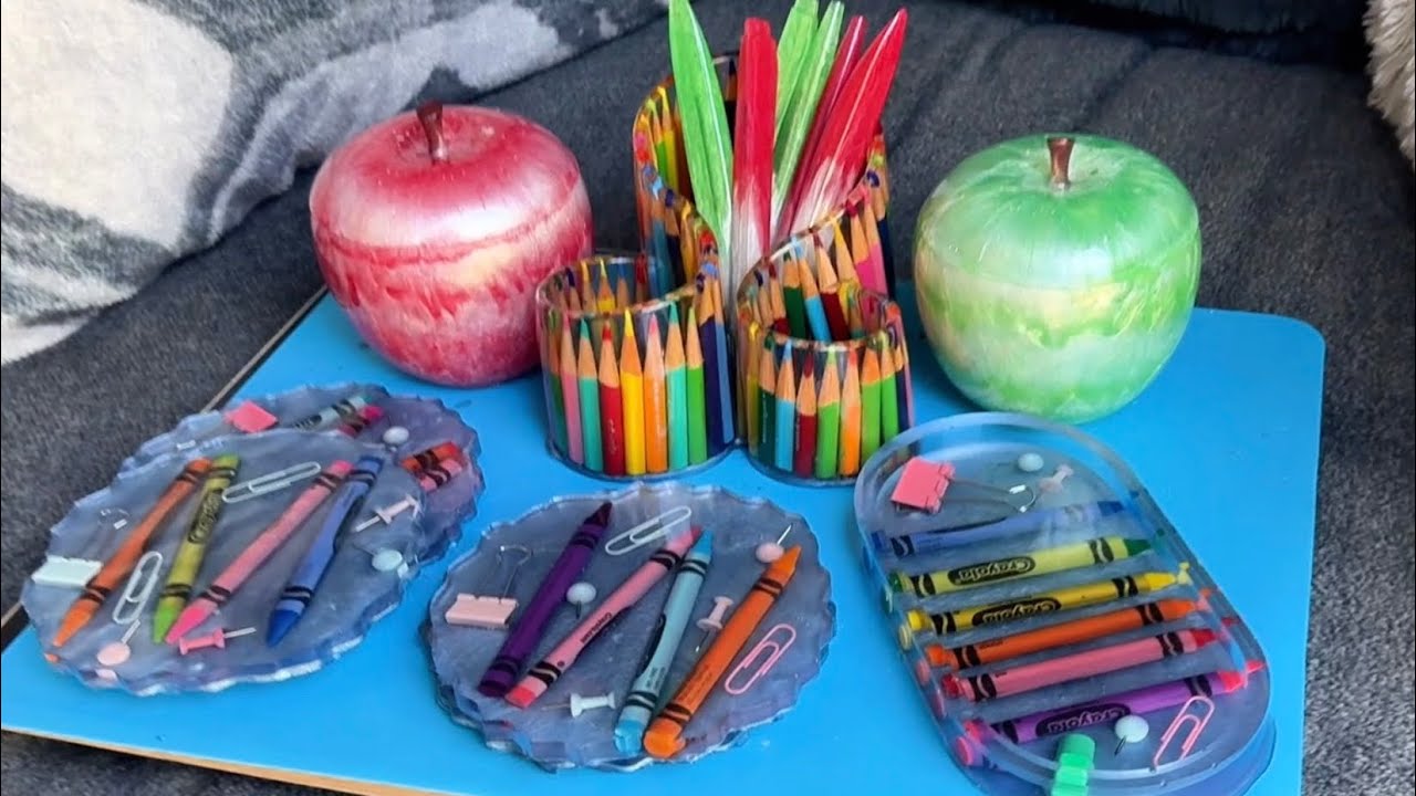 Making a Beautiful Resin Teacher Gift Set with Embedded Crayons, Pencils & Apples