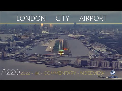 London City Airport Crosswind Pilot view Landing in the SWISS A220 (Cseries) 4K, 2022