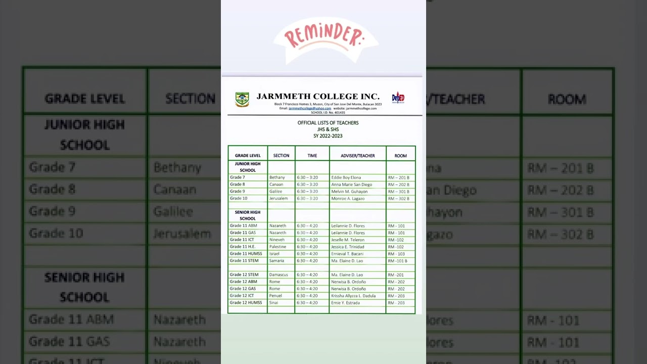 JHS & SHS: General Class Schedule, Class Adviser and Room Assignment.
