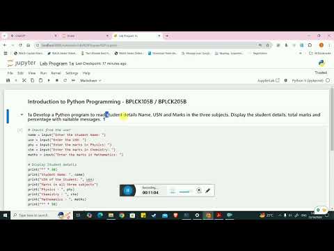 Lab Program 1a: Calculate Student Details, Total Marks & Percentage | VTU Python Lab Series