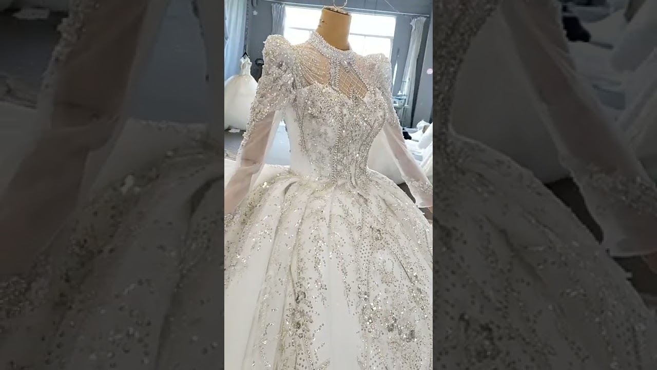 HW486 Real image 100 % luxury high neck long sleeve wedding Gowns