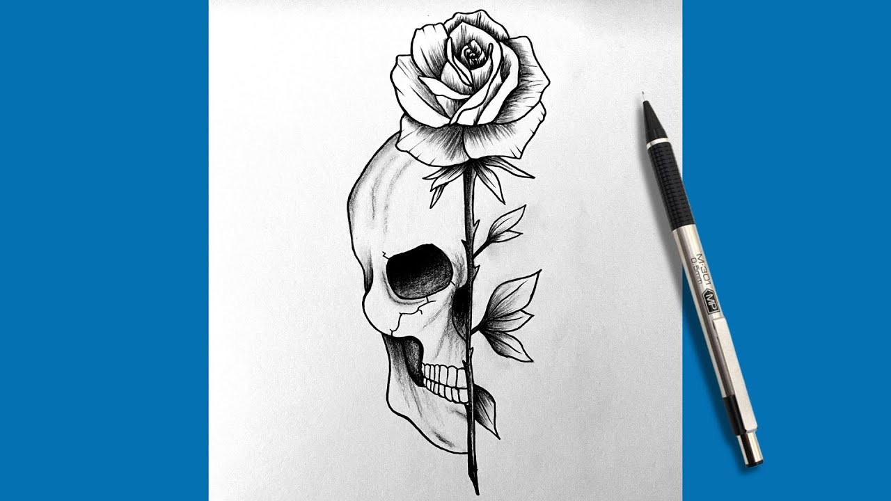 How To Draw A Skull And Rose Easy Step By Step | Tattoo Drawing Tutorial For Beginners