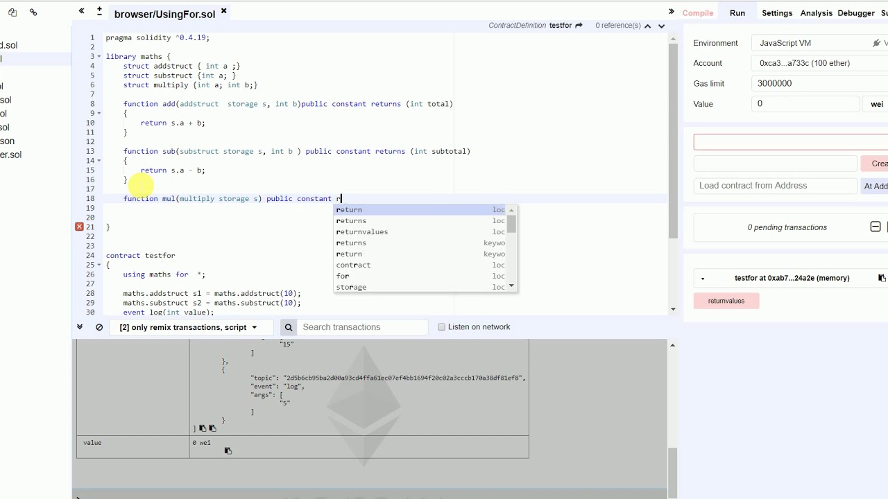 Solidity Example -Library Using For keyword