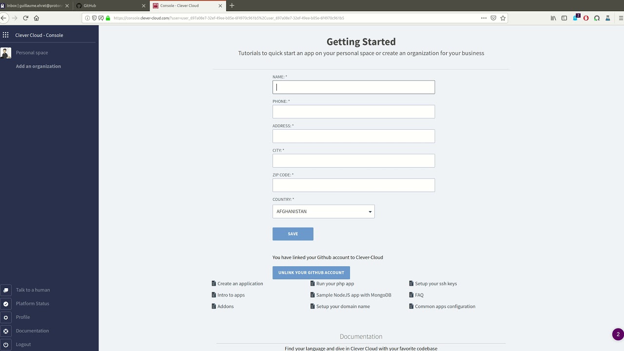 Create account on clever cloud from Github
