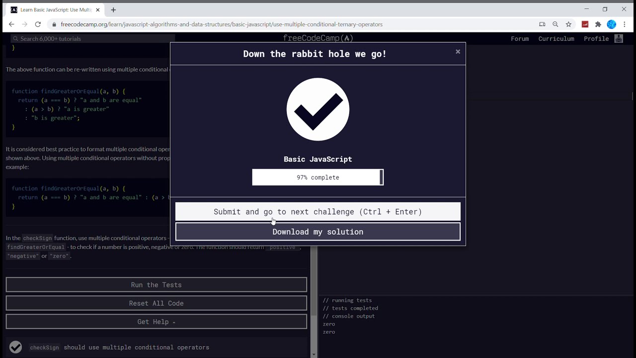 Basic JavaScript (109/111) | Use Multiple Conditional Ternary Operators |  freeCodeCamp