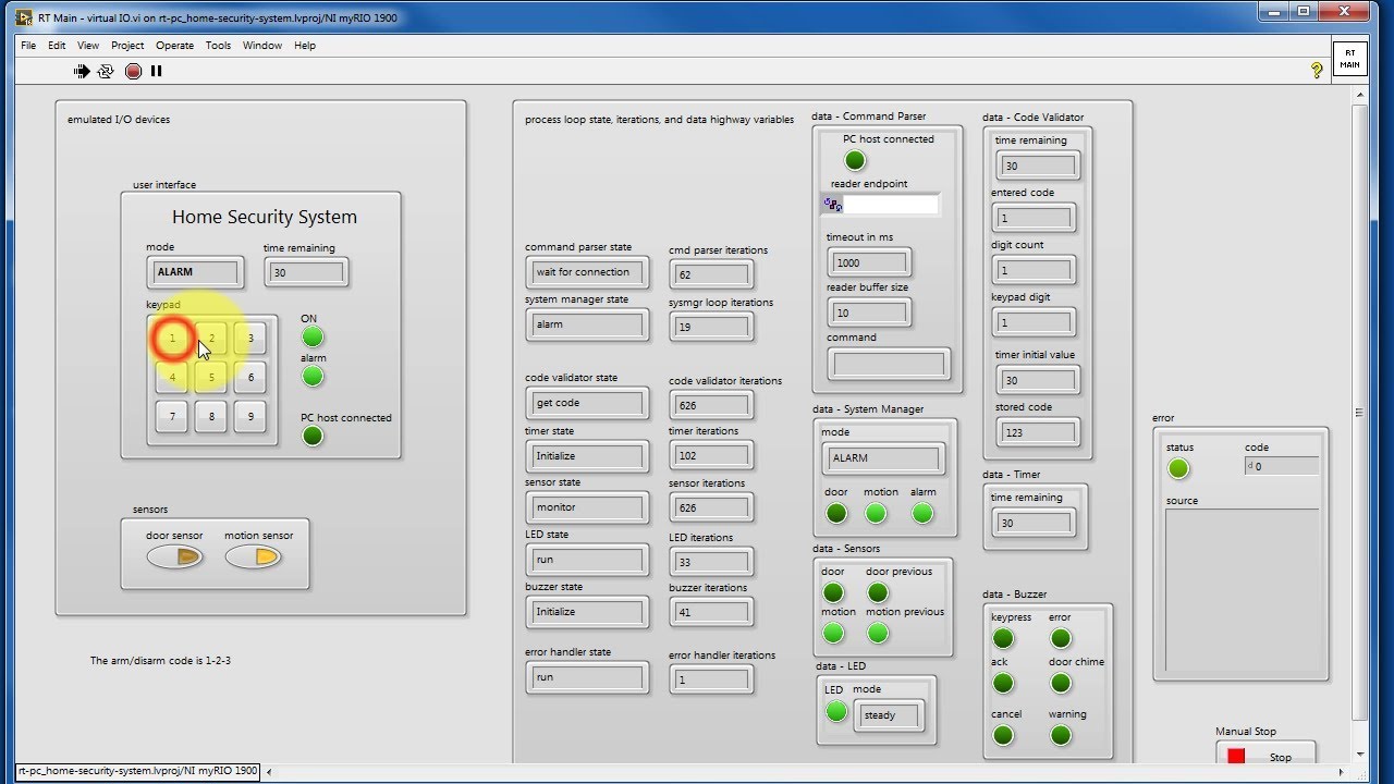 LabVIEW code: System controller application example: Home Security System (expected results)