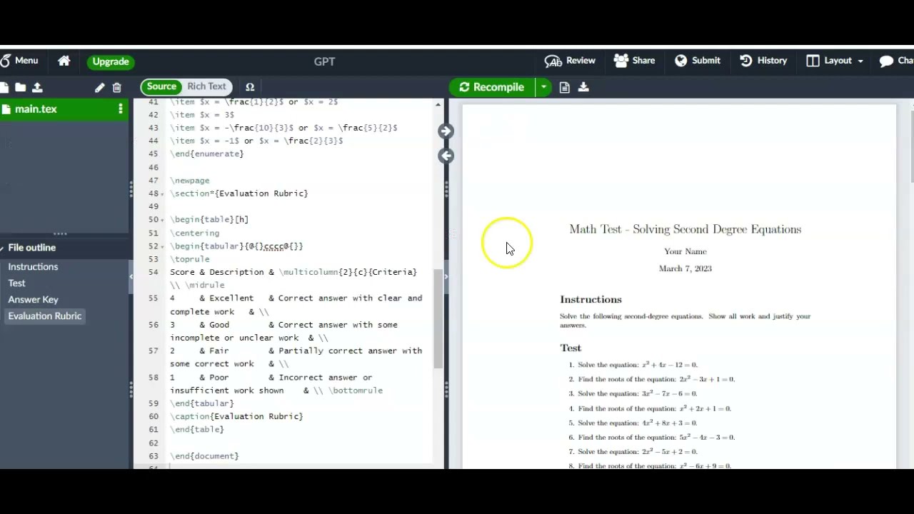 How to create a math test using ChatGPT