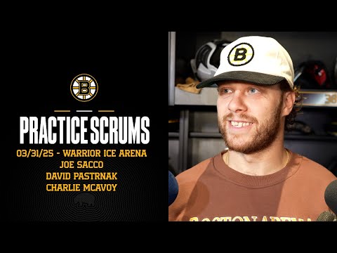 Joe Sacco, Pastrnak, and McAvoy speak with media at Warrior Ice Arena on Monday