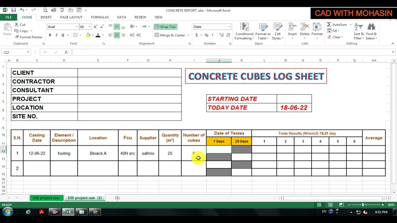 LESSON 7 CONCRETE CUBE LOG SHEER IN EXCEL