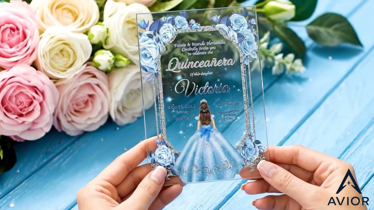 Baby Blue Quinceañera Invitations | Elegant Acrylic & Mirror Design | Avior Invitation