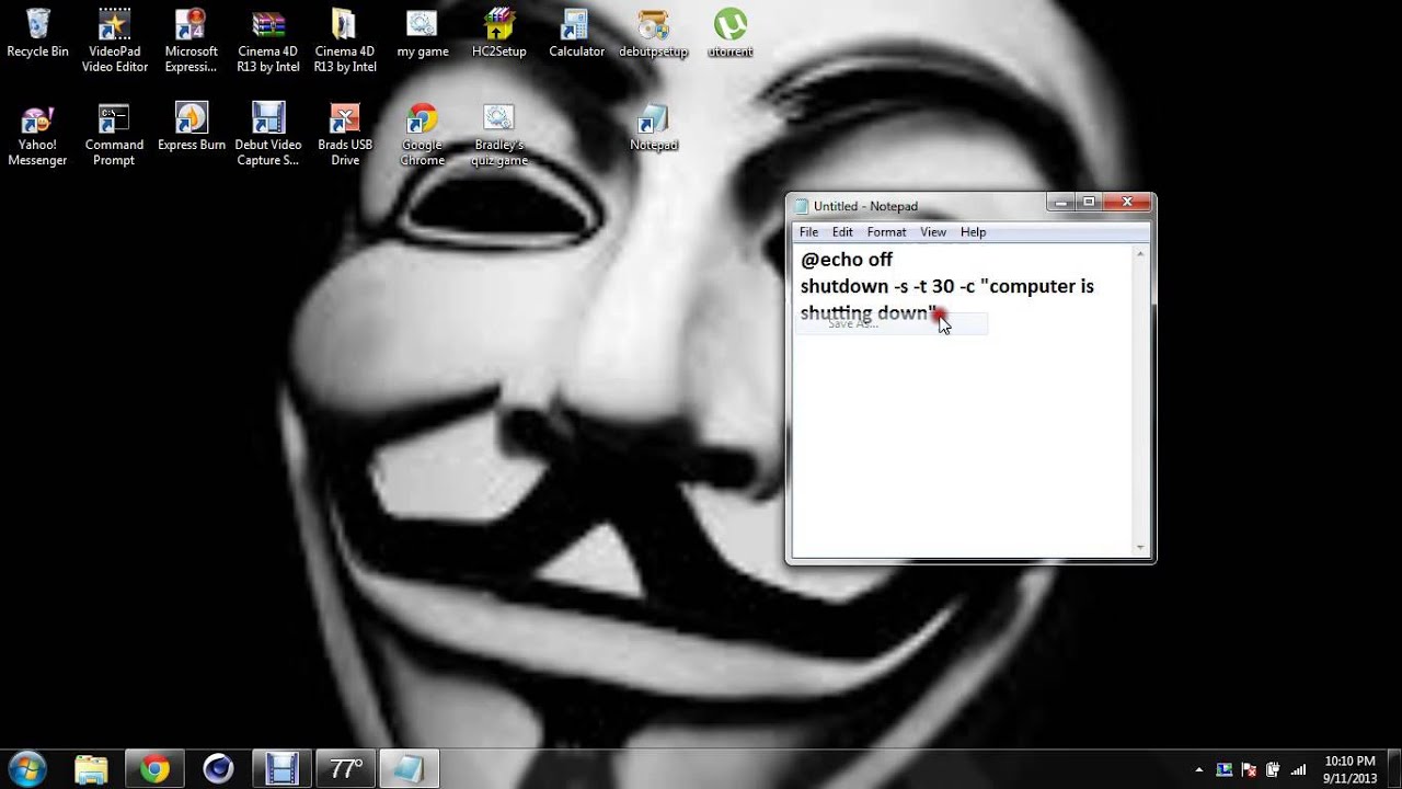 How to make a shutdown command using notepad