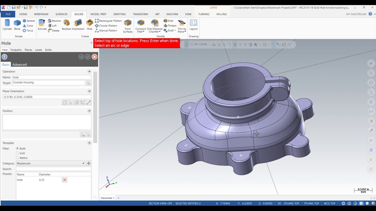 Solid Hole Function – Mastercam 2019