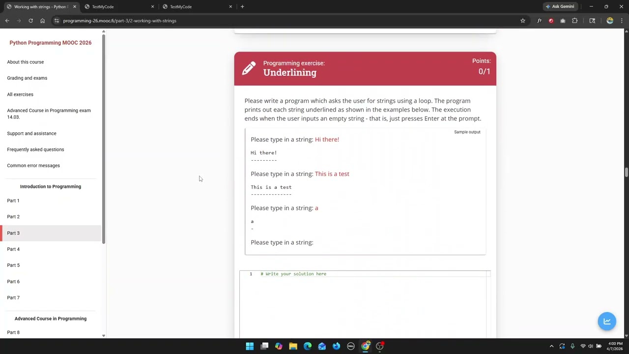 Python Programming MOOC 2026 - Part 3.2.2 String Indexes and Exercises