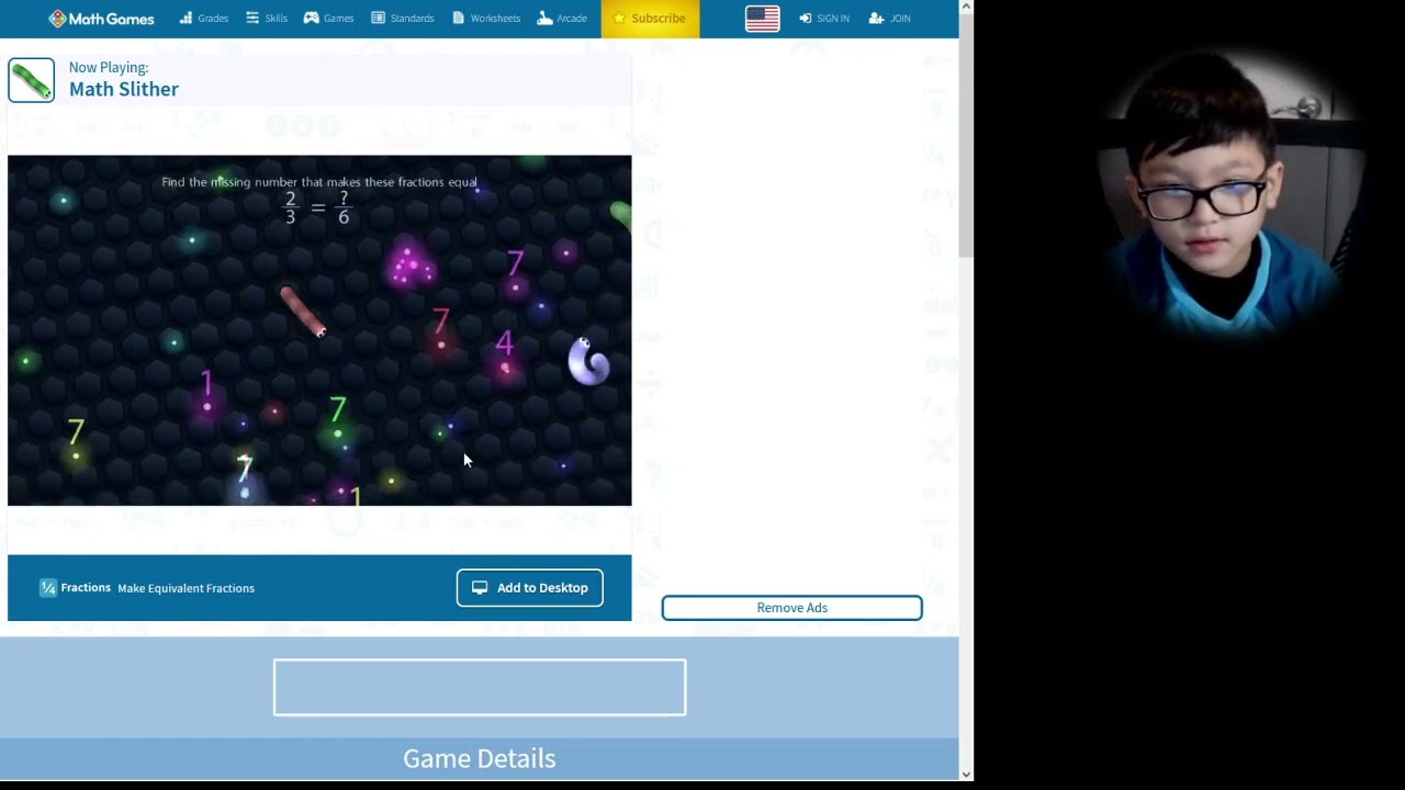 Aadit plays 'math slither' on mathgames.com