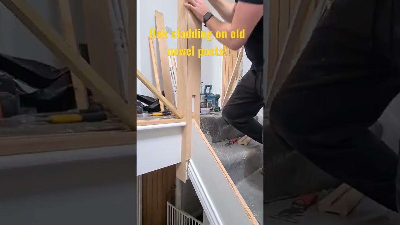 Upgrade your staircase! Oak cladding on pine newell. #hack #carpentry #wood #stairs