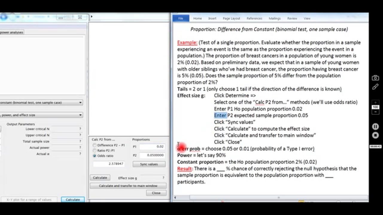 GPower -  Proportion: Difference from constant (binomial test, one sample)