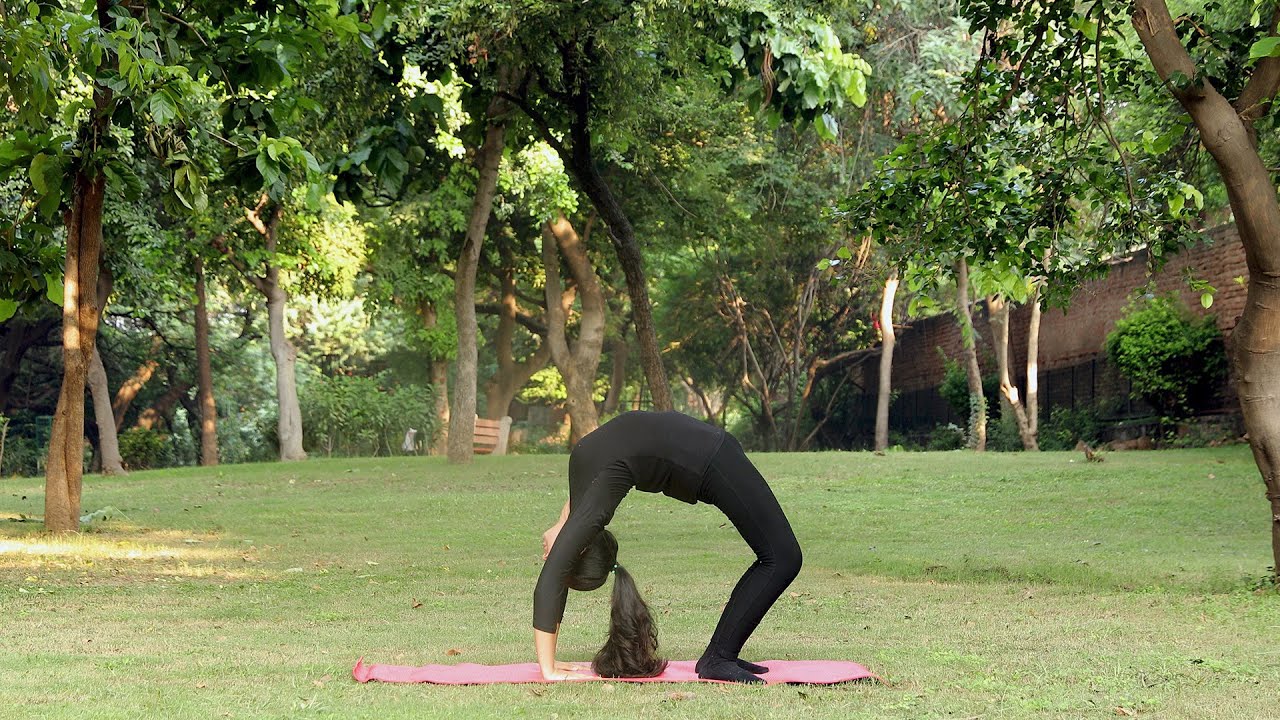 A young girl practicing chakrasana the wheel pose yoga asana o... | Indian Stock Footage | Knot9