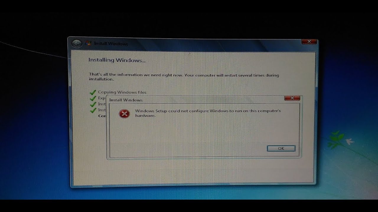 How to solve windows setup could not configure windows to run on this configuration hardware