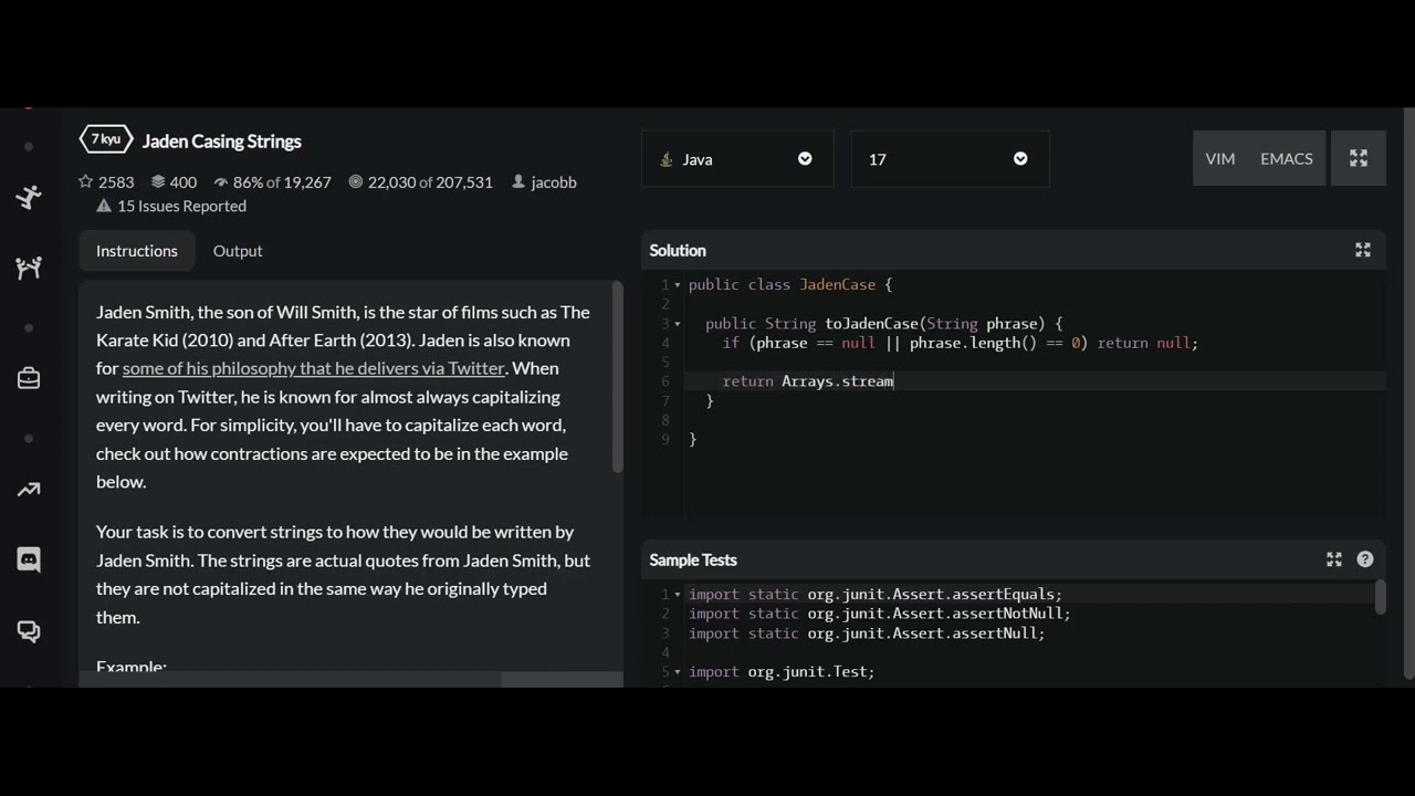 Jaden Casing Strings - Codewars - 7 Kyu (JAVA)