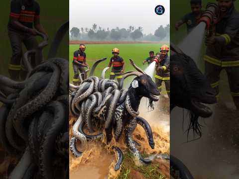 black goat has caught a huge anaconda snake saved by rescue team #humanity #goat #animals