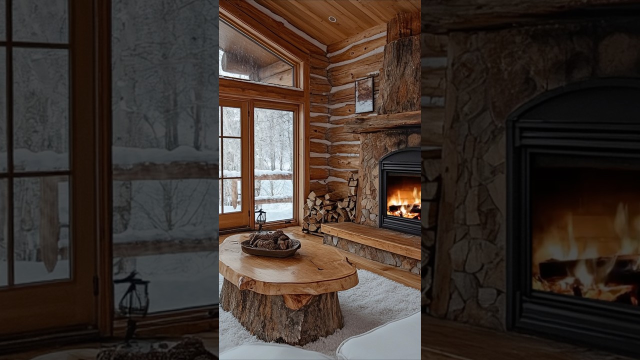 Warm log cabin living room with stone fireplace, rustic wood table, and snowy forest view.