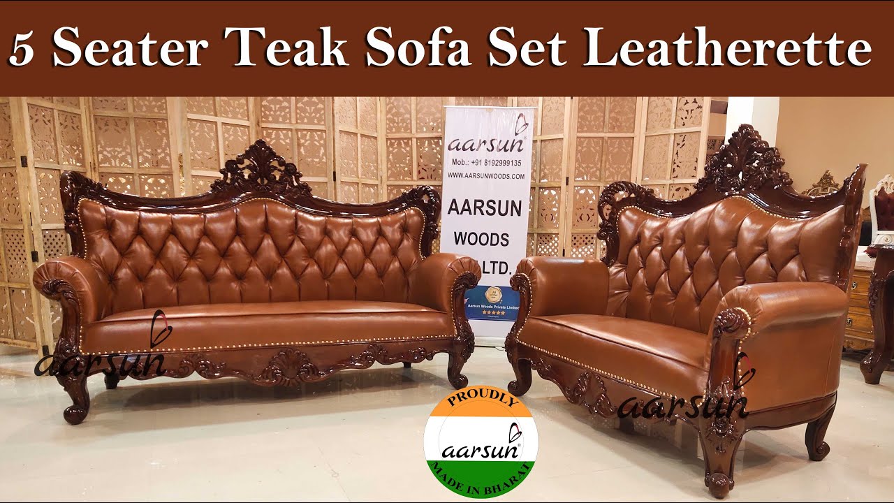 Top Class 5 Seater Leatherette Sofa Set Teak Wood Dark Glossy Polish @Aarsun