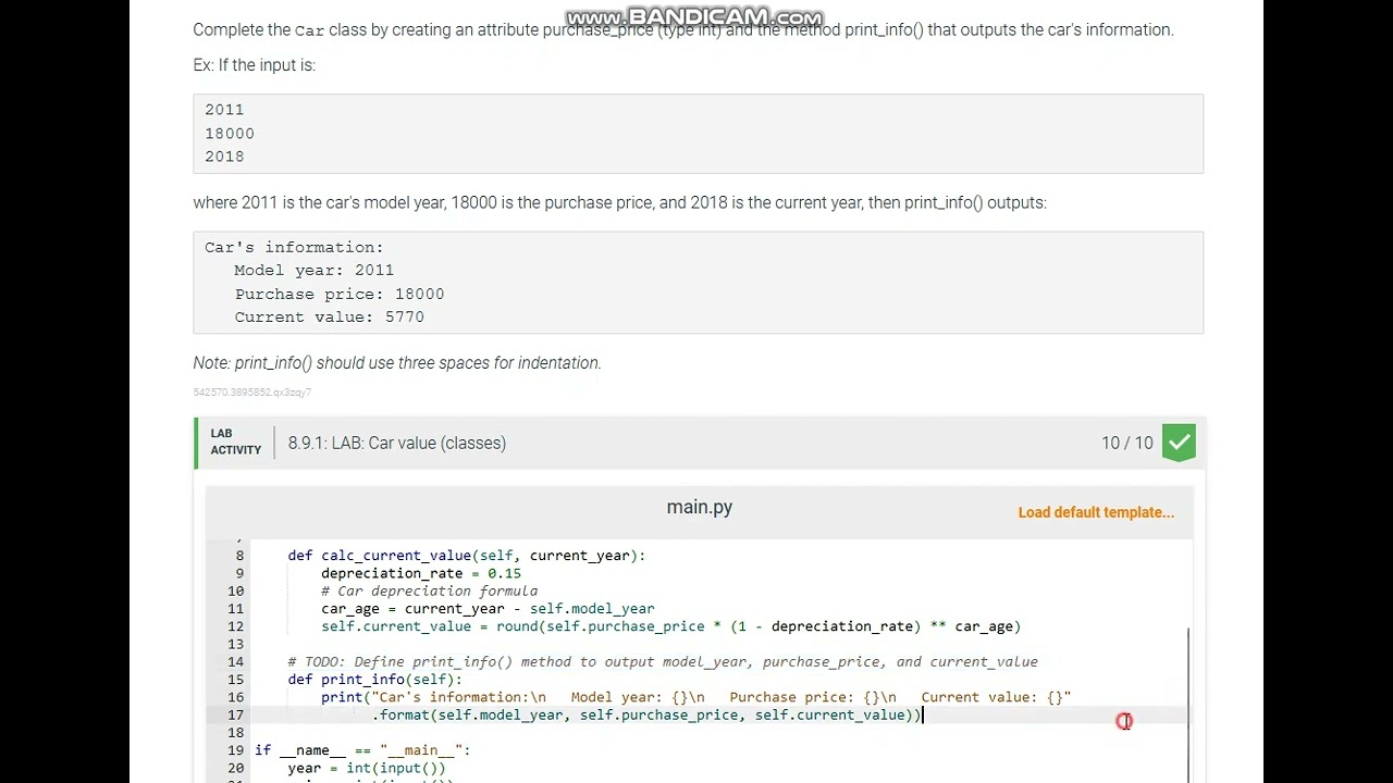 Python 8.9 LAB: Car value (classes)