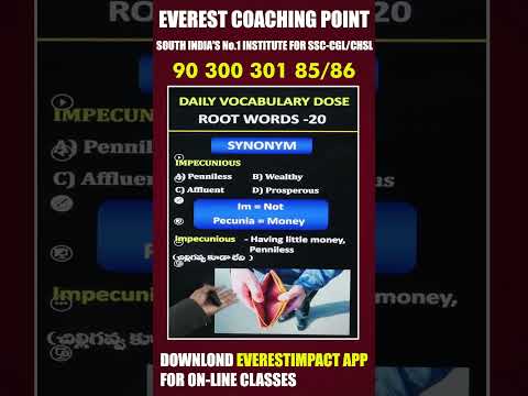 The synonym of the word IMPECUNIOUS is explained by using Roots and Pictures