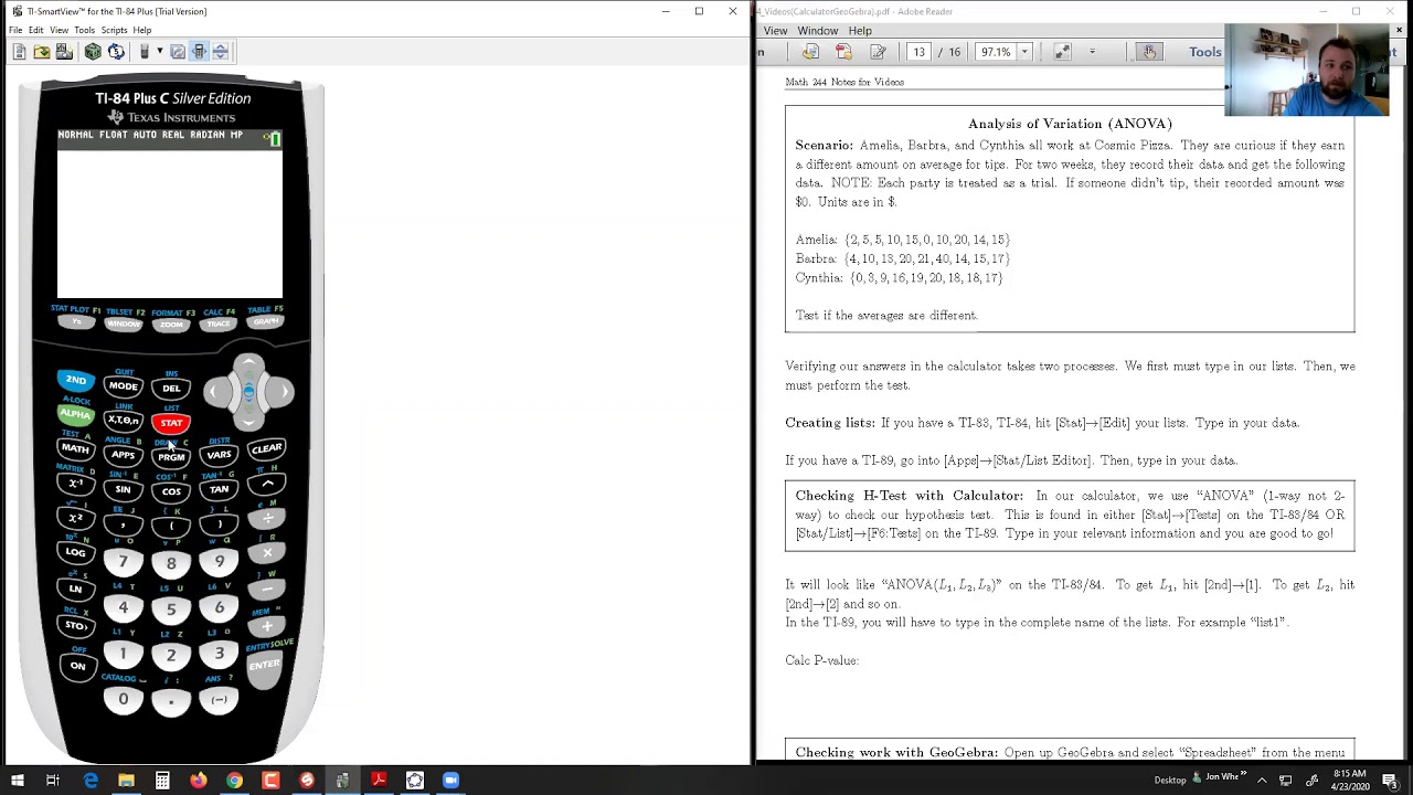 ANOVA on TI-83/84, TI-89, GeoGebra