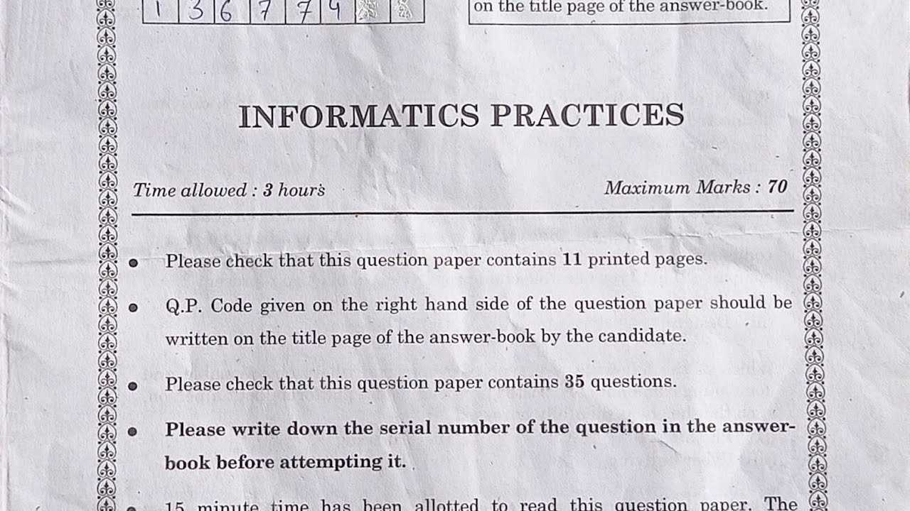 Class 12 || CBSE || Informatics Practices || Question Paper || Sample Paper