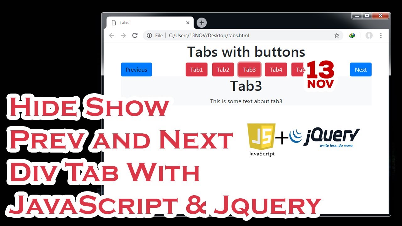 Showing Previous and Next Tab Divs with JavaScript and jQuery