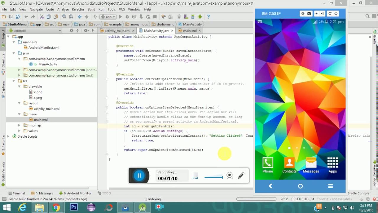 Android Menu Example - Android Studio