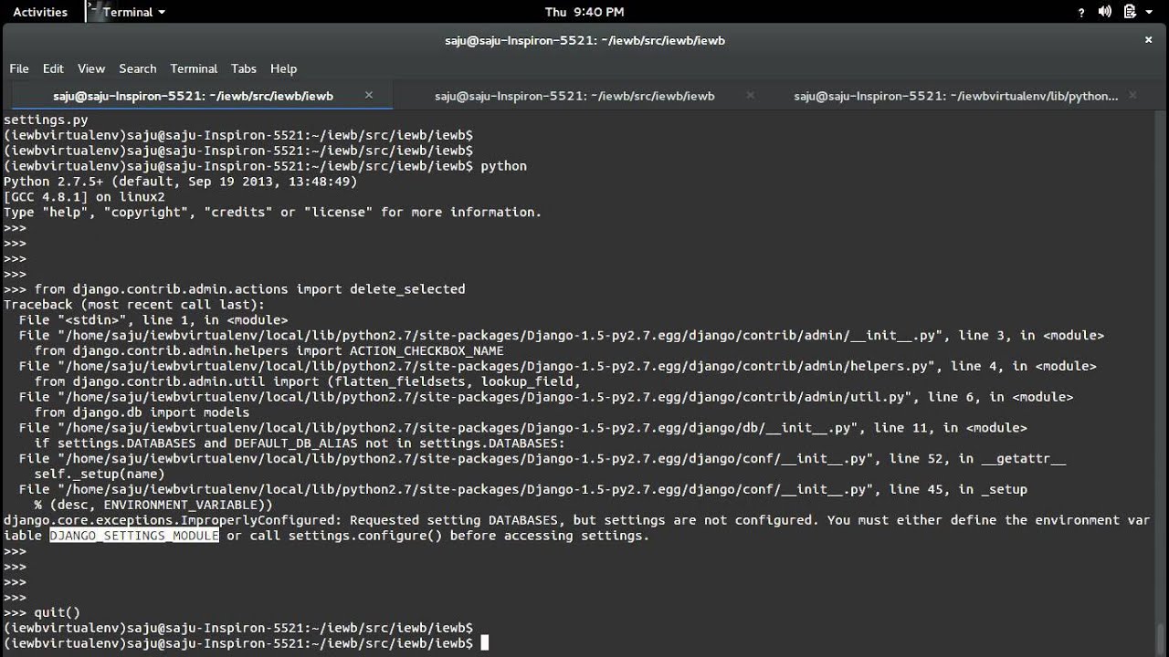 django.core.exceptions.ImproperlyConfigured: Requested setting DATABASES
