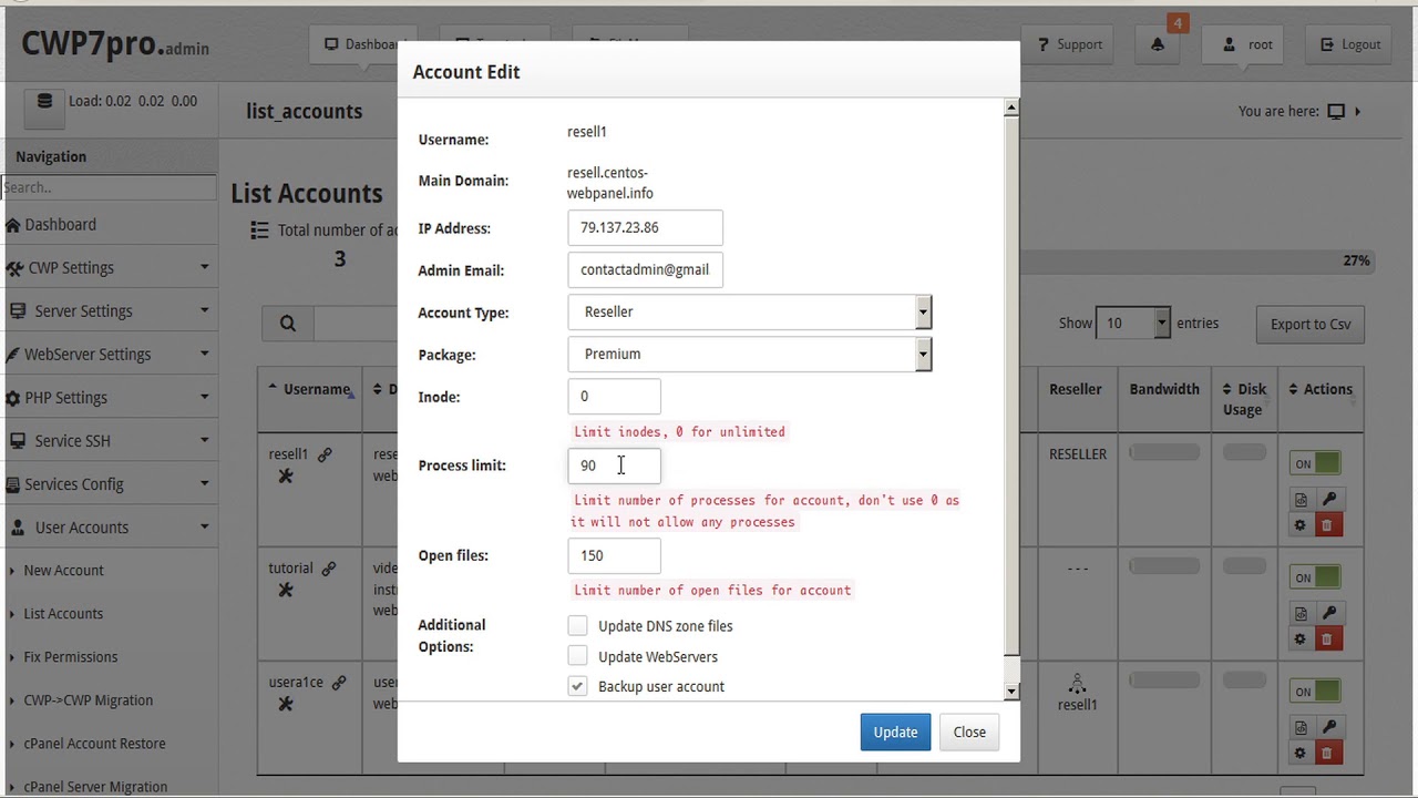 CWP - Admin Panel: Process, Inode and Open files Limits per User