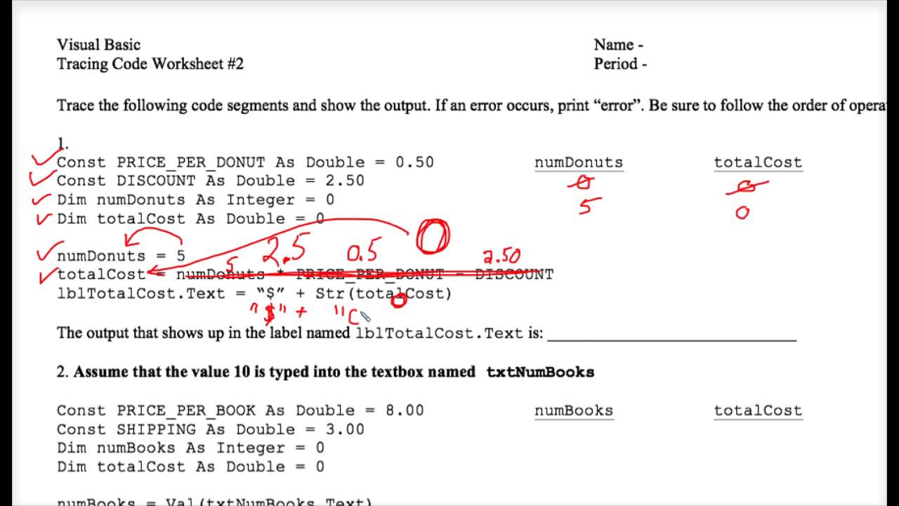 VB Tracing Code Worksheet #2