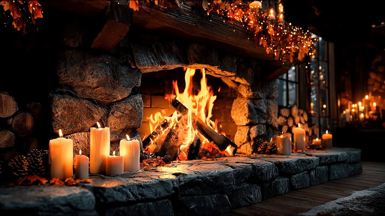 Rustic Fireplace 4K with Crackling Logs in Cozy Autumn Cabin Ambience for Relaxation & Stress Relief