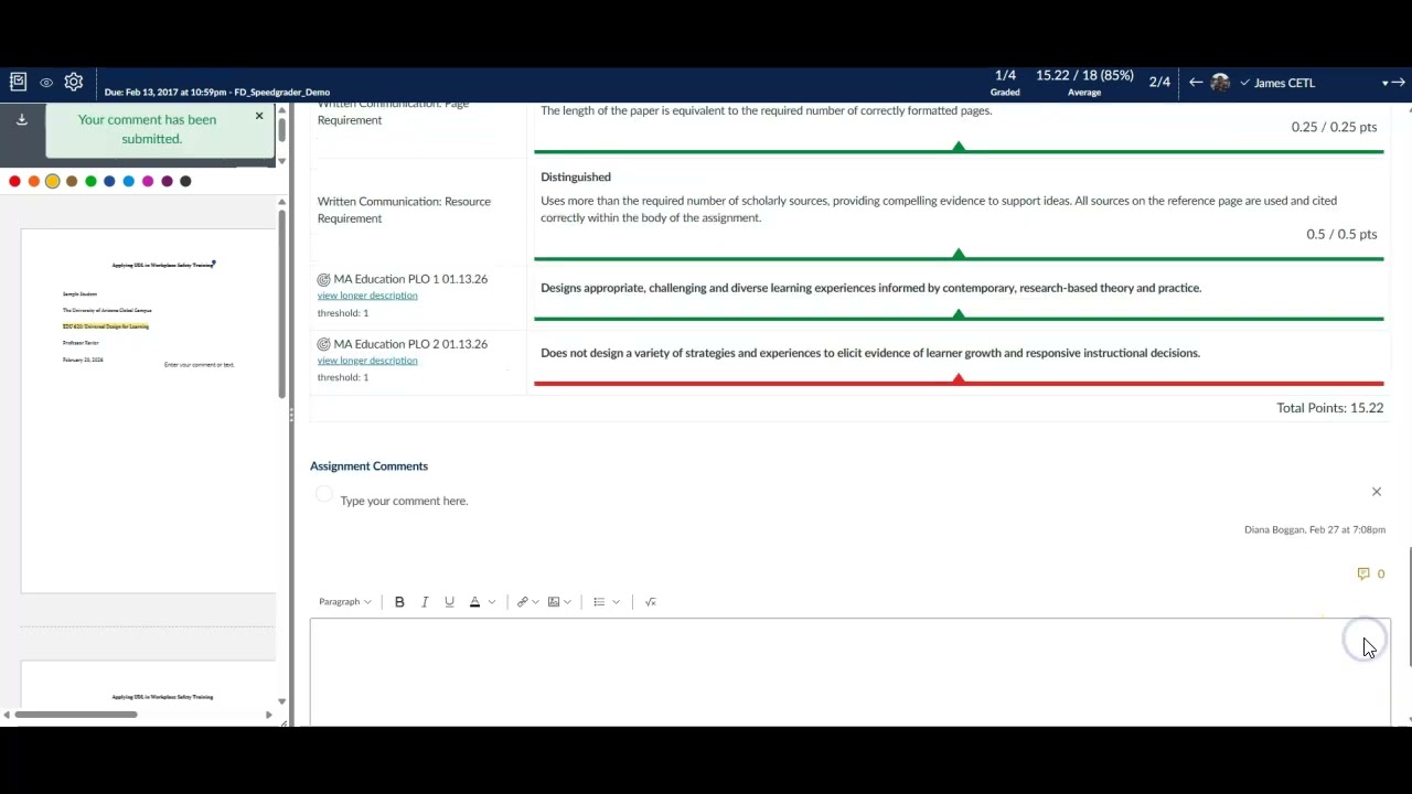 Grading Assignments in SpeedGrader: Finalizing Grades, Comments, and Turnitin Indicators