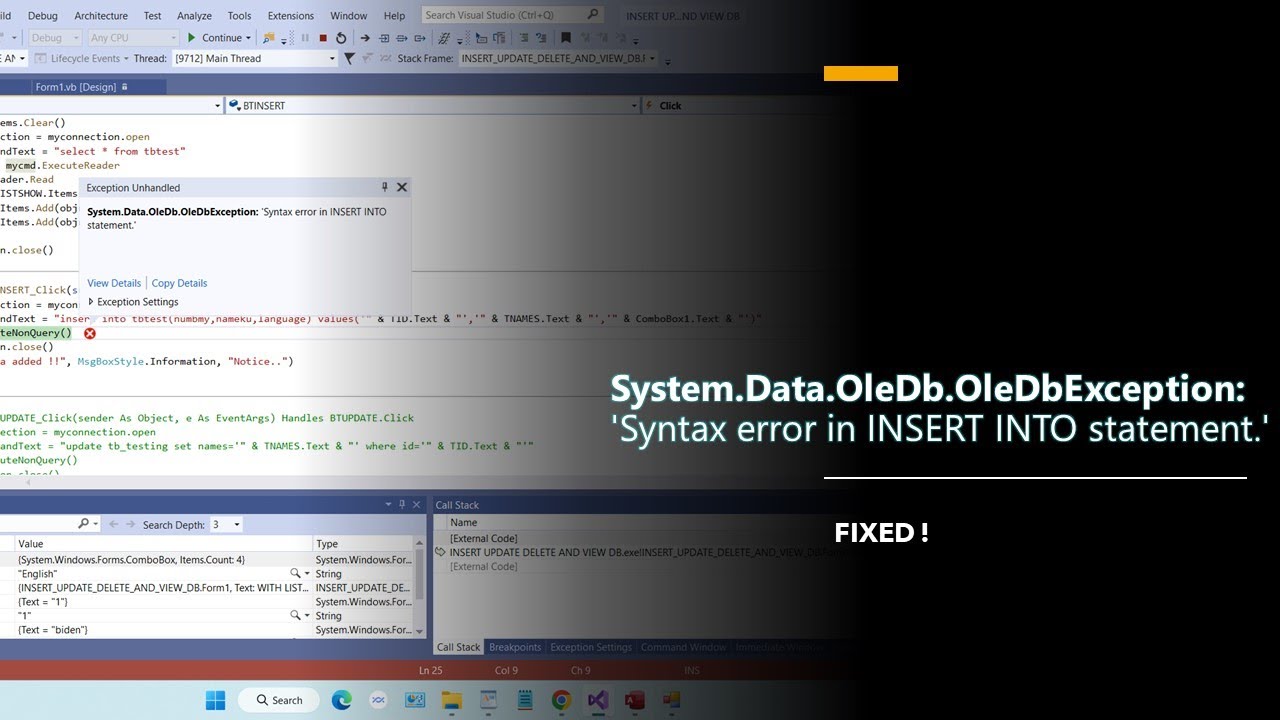 Syntax error in INSERT INTO statement acces database in Visual Studio