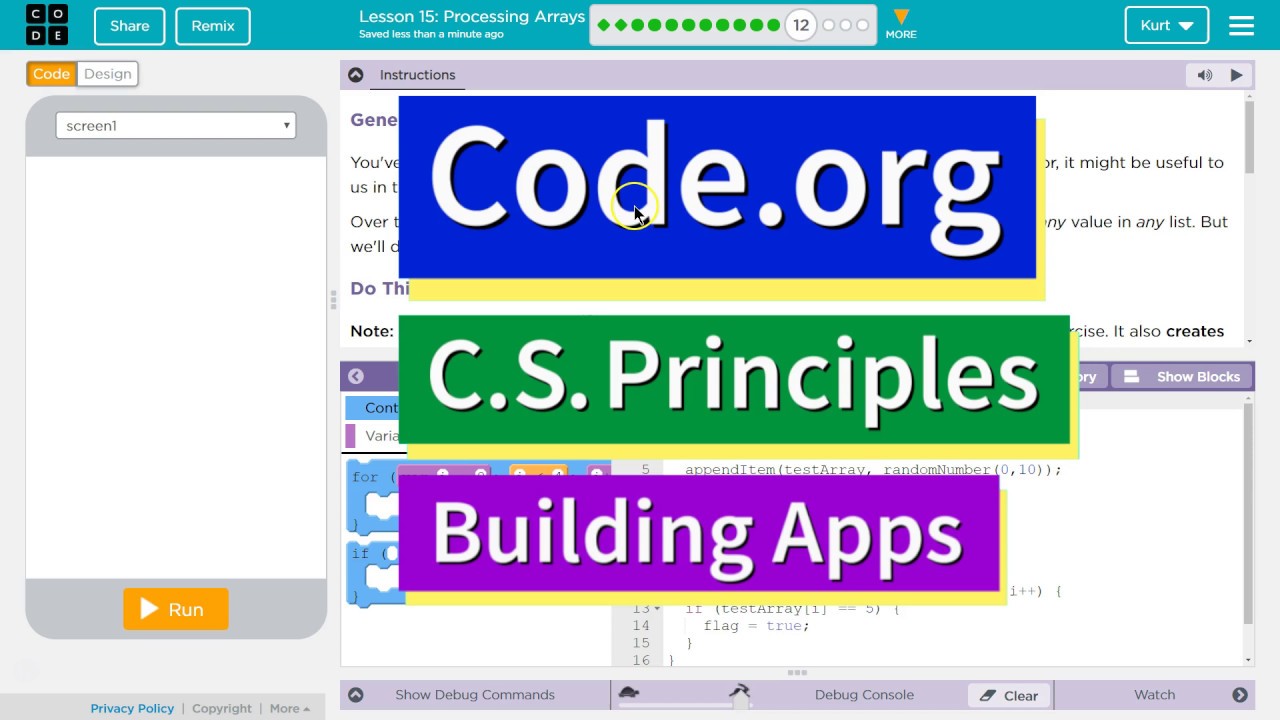 Processing Arrays Lesson 15.12 Tutorial with Answers Code.org CS Principles